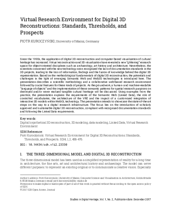 (PDF) Virtual Research Environment for digital 3D reconstructions – Standards, thresholds and ...