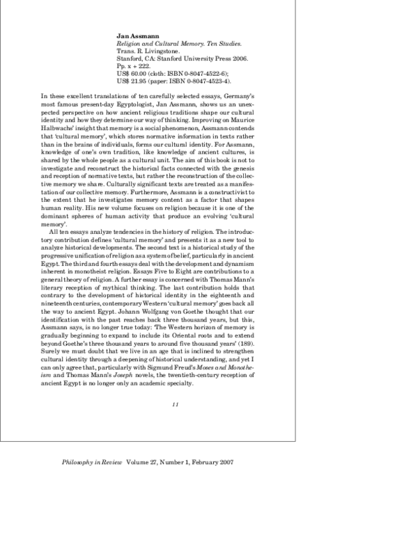(PDF) Jan Assmann, Religion and Cultural Memory. Ten Studies