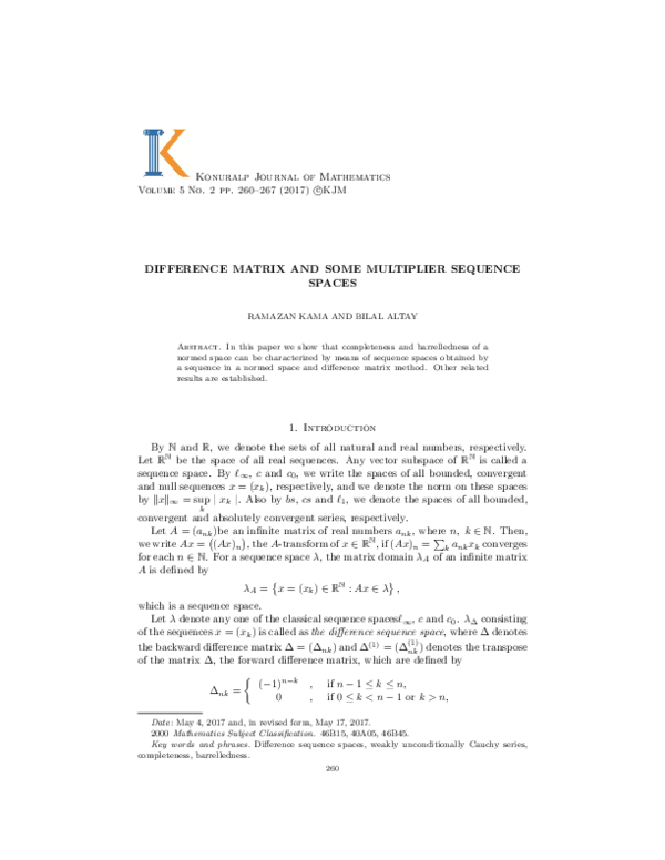 (PDF) Difference Matrix and Some Multiplier Sequence Spaces