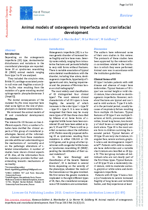 (PDF) Animal models of Osteogenesis Imperfecta and craniofacial development