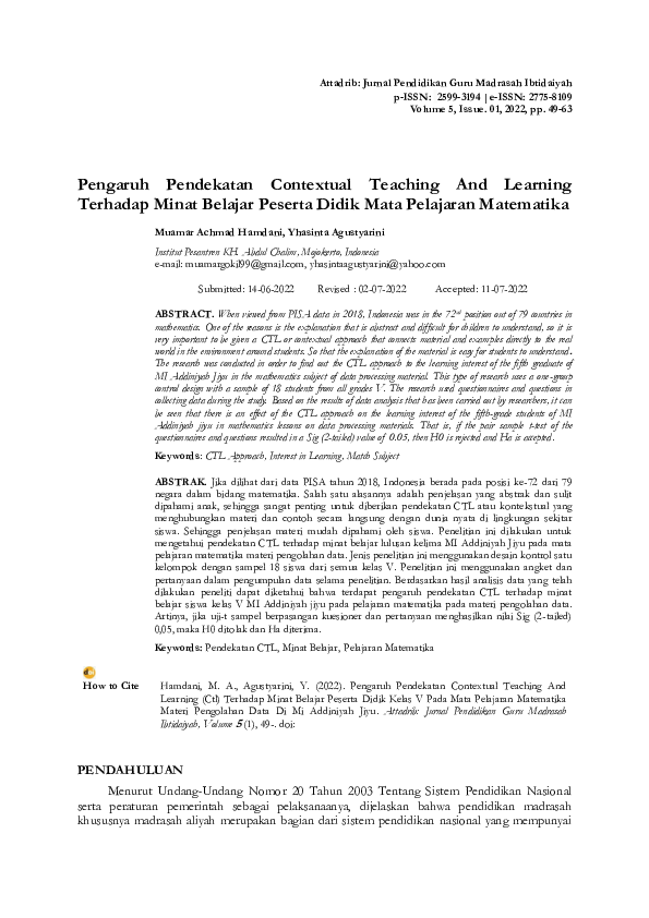 (PDF) Pengaruh Pendekatan Contextual Teaching And Learning Terhadap Minat Belajar Peserta Didik ...