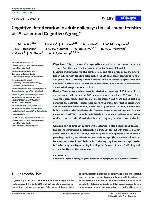 (PDF) Cognitive deterioration in adult epilepsy: clinical characteristics of “Accelerated ...