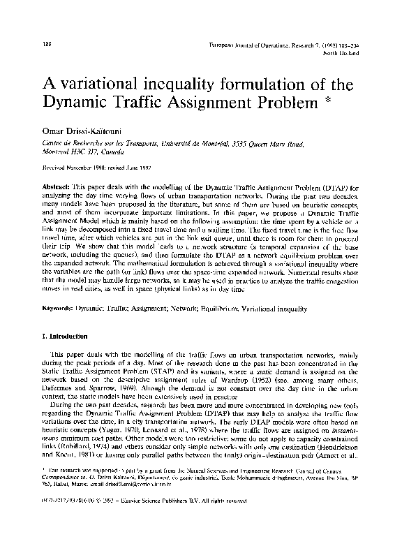 Pdf The Variational Inequality Formulation Of Dynamic User Equilibria