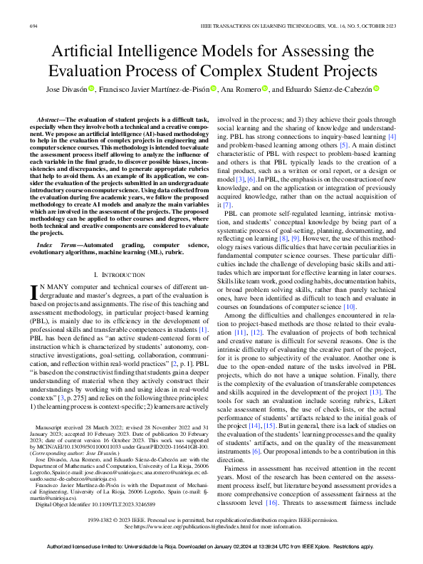 (PDF) Artificial Intelligence Models for Assessing the Evaluation Process of Complex Student ...