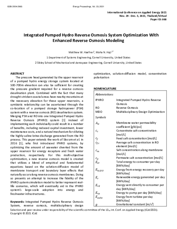 (PDF) Integrated Pumped Hydro Reverse Osmosis System Optimization with Enhanced Reverse Osmosis ...