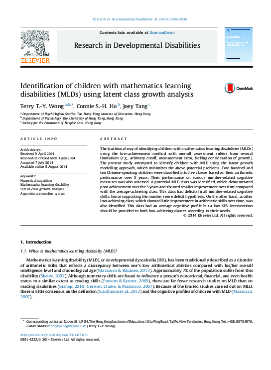 (PDF) Identification of children with mathematics learning disabilities ...