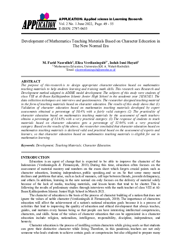 (PDF) Development of Mathematics Teaching Materials Based on Character ...
