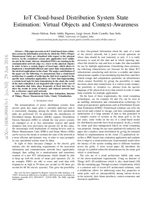 (PDF) IoT cloud-based distribution system state estimation: Virtual objects and context-awareness