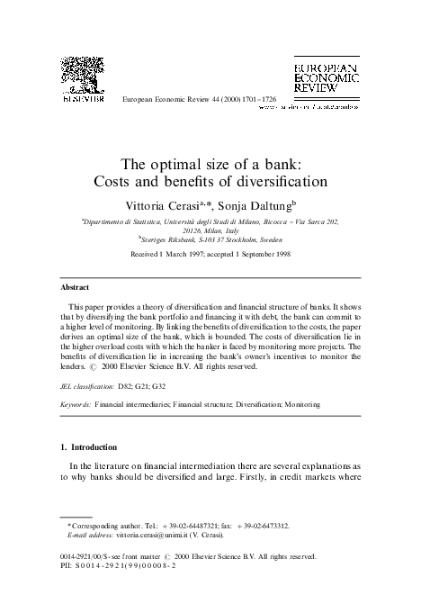 (PDF) The Optimal Size of a Bank: Costs and Benefits of Diversification