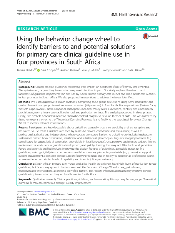 (PDF) Using the behavior change wheel to identify barriers to and ...