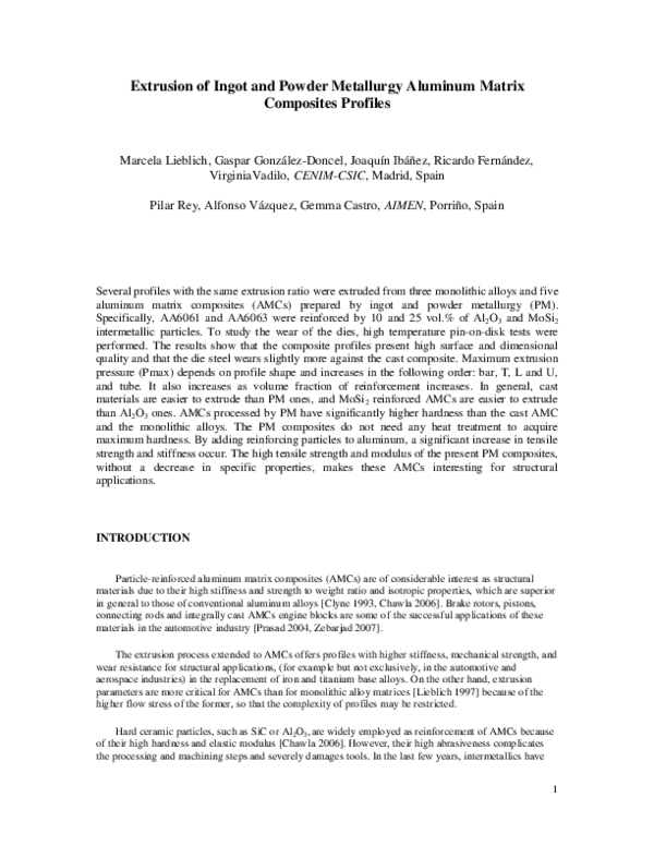 (PDF) Extrusion of Ingot and Powder Metallurgy Aluminum Matrix ...
