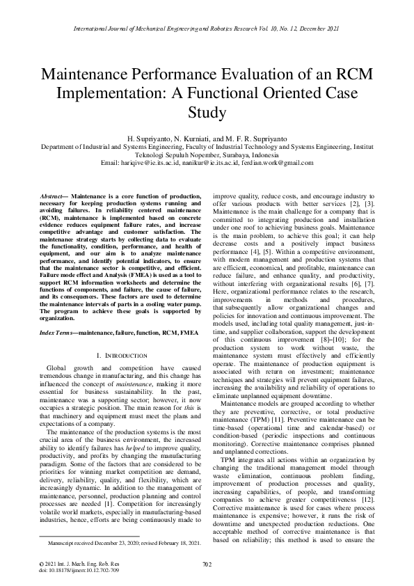 (PDF) Maintenance Performance Evaluation of an RCM Implementation: A Functional Oriented Case Study