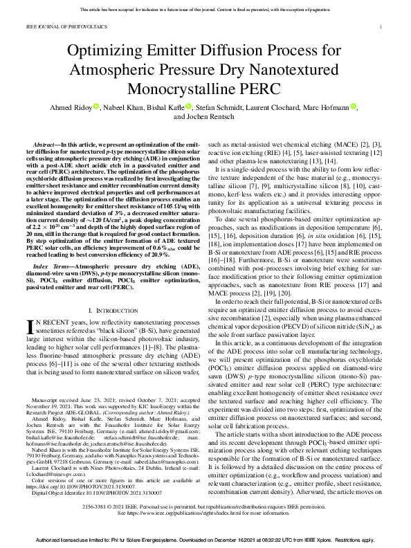 (PDF) Optimizing Emitter Diffusion Process for Atmospheric Pressure Dry ...