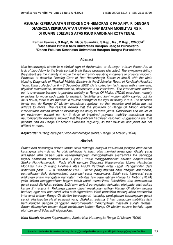 (PDF) Asuhan Keperawatan Stroke Non-Hemoragik pada Ny. R dengan Diagnosa Keperawatan Utama ...