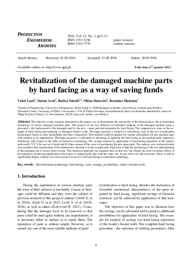 (PDF) Revitalization of the damaged machine parts by hard facing as a ...