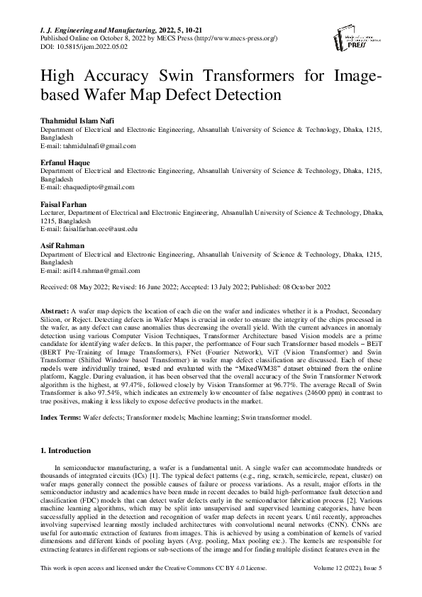 (PDF) High Accuracy Swin Transformers for Imagebased Wafer Map Defect Detection