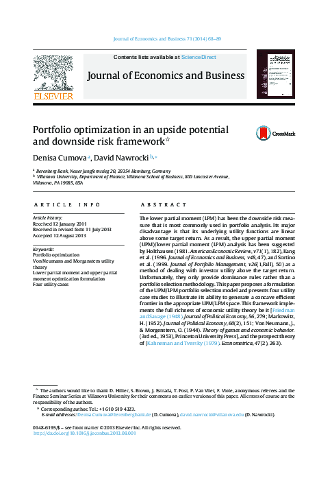 (PDF) Portfolio optimization in an upside potential and downside risk ...
