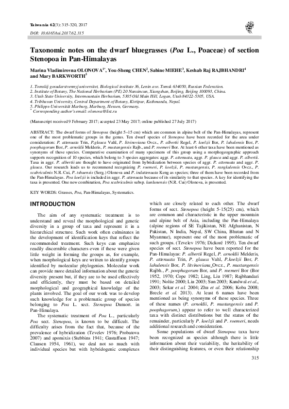 (PDF) Taxonomic notes on the dwarf bluegrasses (Poa L., Poaceae) of ...