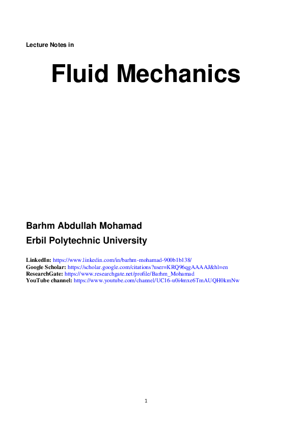 (PDF) Lecture Notes in Fluid Mechanics
