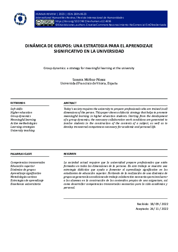 (PDF) Dinámica de grupos: una estrategia para el aprendizaje significativo en la universidad