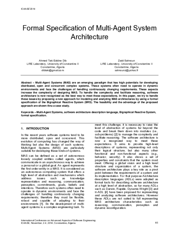 (PDF) Formal Specification of Multi-Agent System Architecture