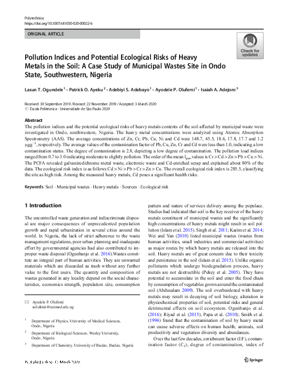 (PDF) Pollution Indices and Potential Ecological Risks of Heavy Metals ...
