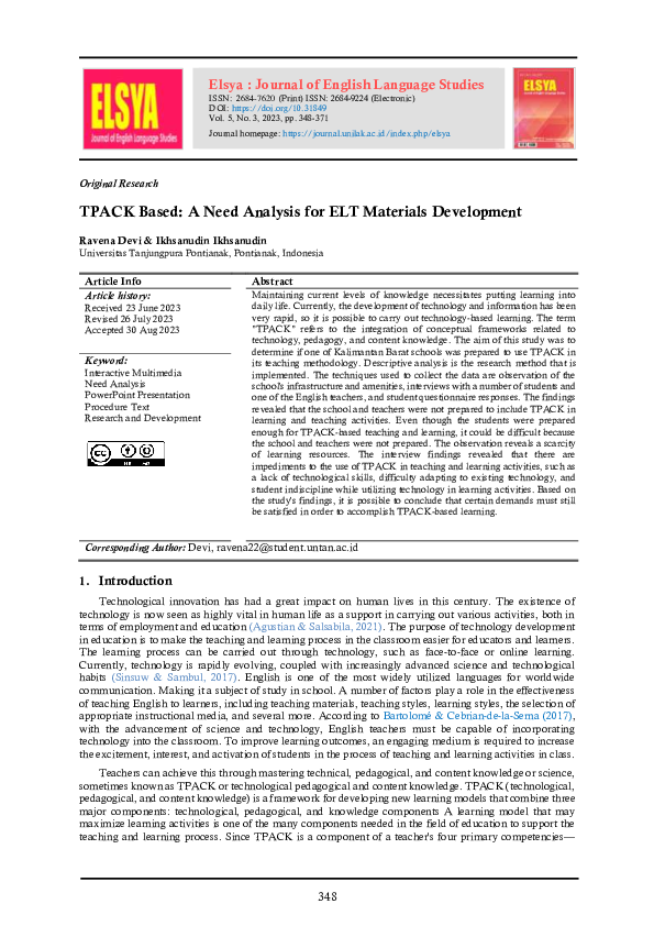 (PDF) TPACK Based: A Need Analysis for ELT Materials Development