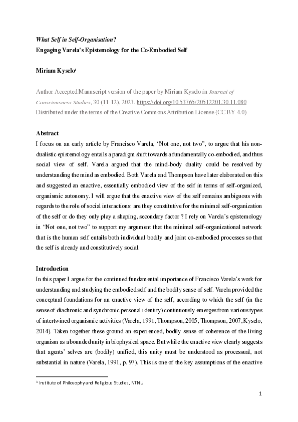 (PDF) What Self in Self-Organization? Engaging Varela's Epistemology ...