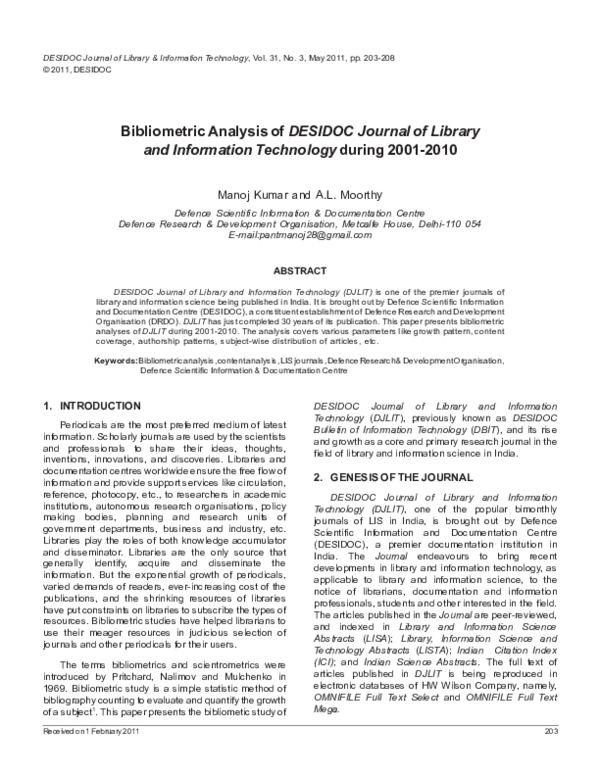 (PDF) Bibliometric Analysis of DESIDOC Journal of Library and ...