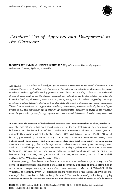 (PDF) Teachers' Use of Approval and Disapproval in the Classroom