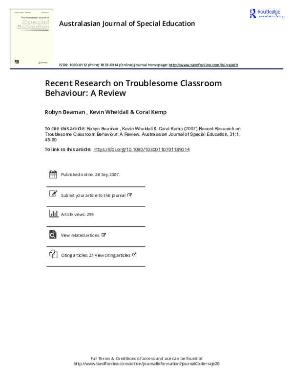 (PDF) Recent research on troublesome classroom behaviour