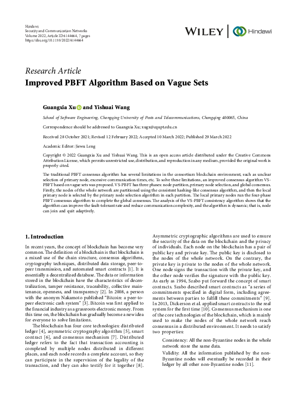 (PDF) Improved PBFT Algorithm Based on Vague Sets