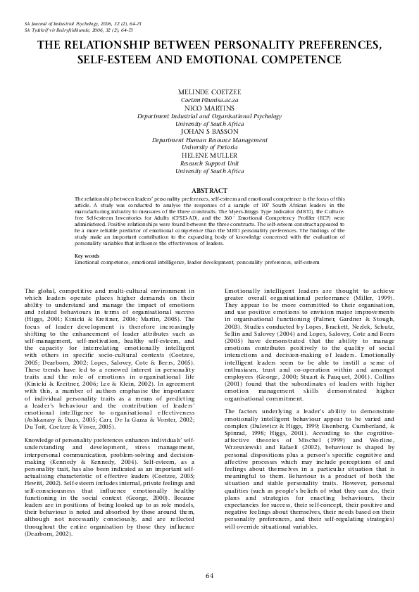 (PDF) The relationship between personality preferences, self-esteem and emotional competence
