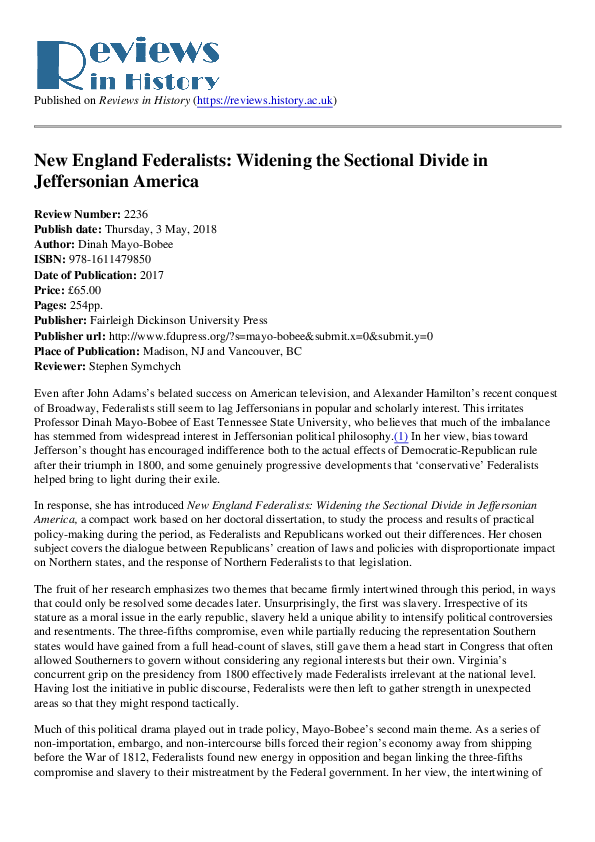 (PDF) Review of 'New England Federalists: Widening the Sectional Divide ...