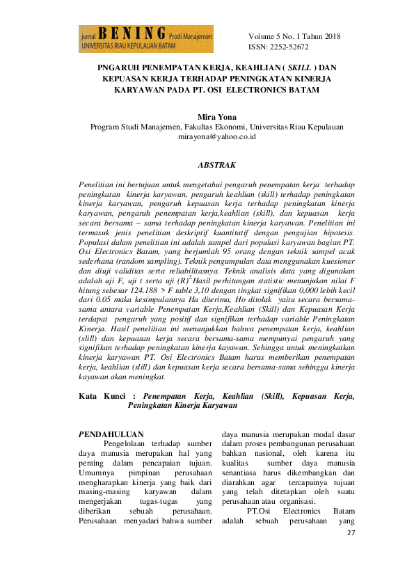 (PDF) Pengaruh Penempatan Kerja, Keahlian ( Skill ) Dan Kepuasan Kerja ...