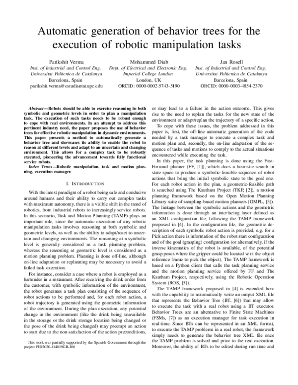 (PDF) Automatic generation of behavior trees for the execution of ...