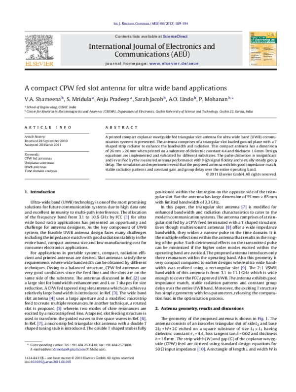 (PDF) A compact CPW fed slot antenna for ultra wide band applications | sarah jacob - Academia.edu