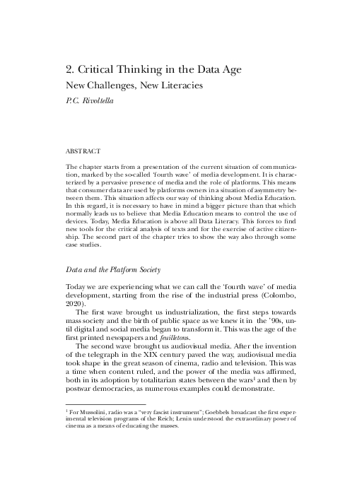 (PDF) Critical Thinking in the Data Age. New Challenges, New Literacies