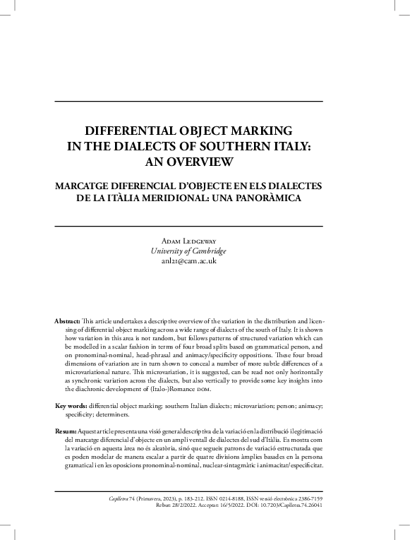 (PDF) Differential object marking in the dialects of southern Italy: an overview | Adam Ledgeway ...