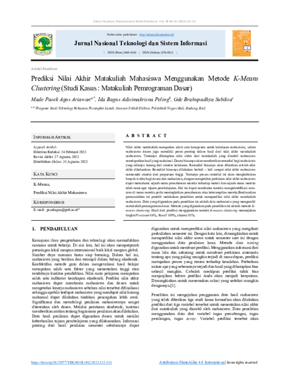 (PDF) Prediksi Nilai Akhir Matakuliah Mahasiswa Menggunakan Metode K-Means Clustering (Studi ...