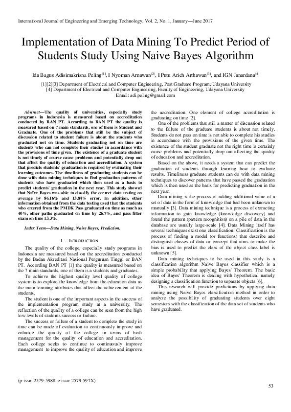 (PDF) Implementation of Data Mining To Predict Period of Students Study Using Naive Bayes Algorithm
