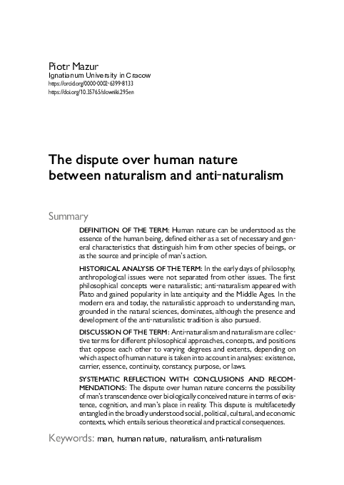 (PDF) The dispute over human nature between naturalism and anti-naturalism