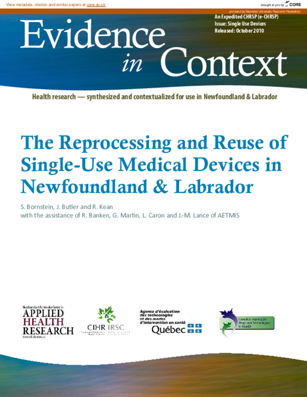 (PDF) The Reprocessing and Reuse ofSingle-Use Medical Devices ...