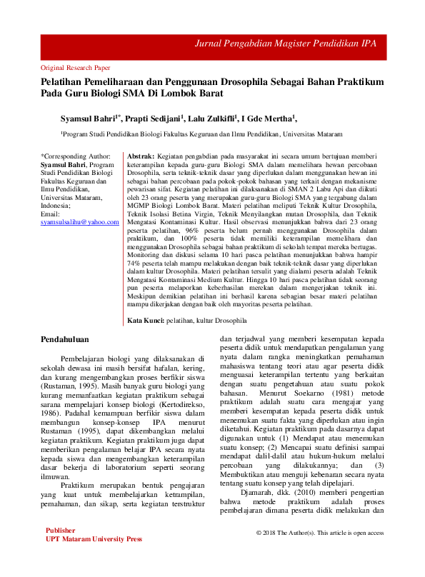 (PDF) Pelatihan Pemeliharaan dan Penggunaan Drosophila Sebagai Bahan Praktikum Pada Guru Biologi ...