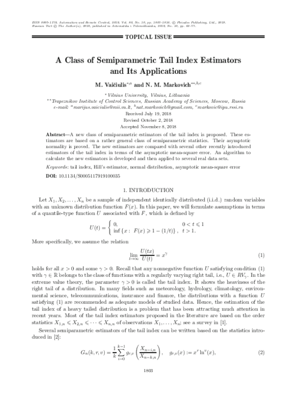 (PDF) A Class of Semiparametric Tail Index Estimators and Its Applications