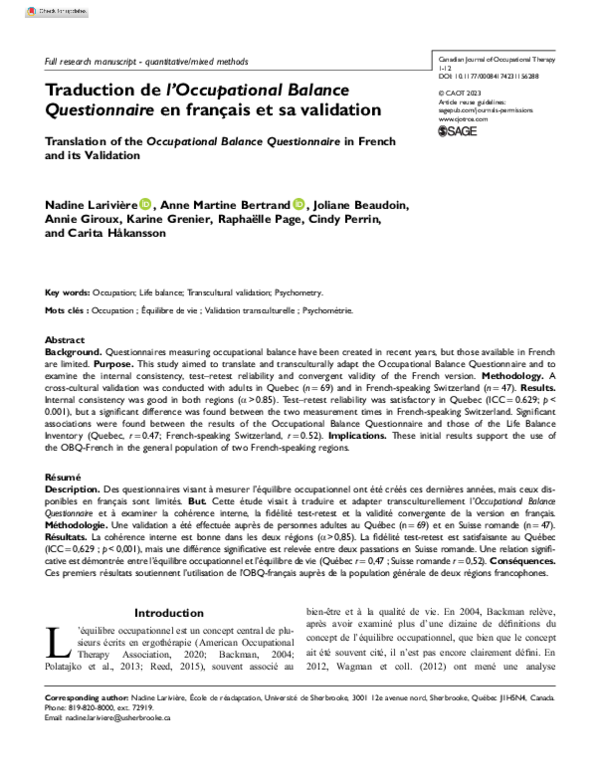 (PDF) Traduction de l'Occupational Balance Questionnaire en français et ...