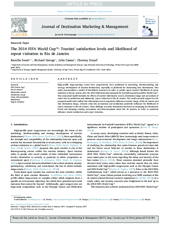 Pdf The 2014 Fifa World Cup™ Tourists Satisfaction Levels And