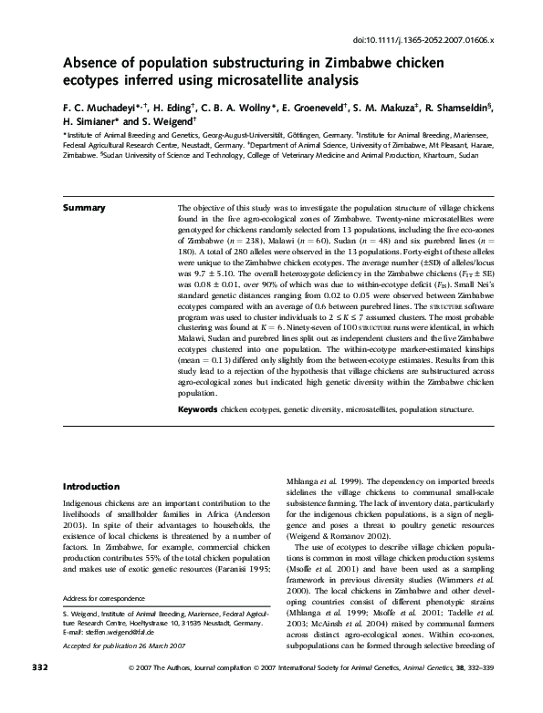 (PDF) Absence of population substructuring in Zimbabwe chicken ecotypes inferred using ...
