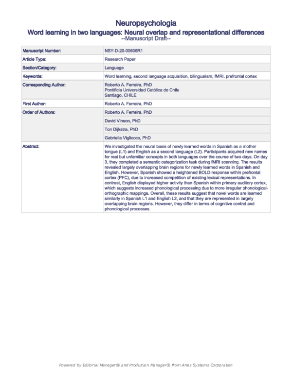 (PDF) Word learning in two languages: Neural overlap and representational differences