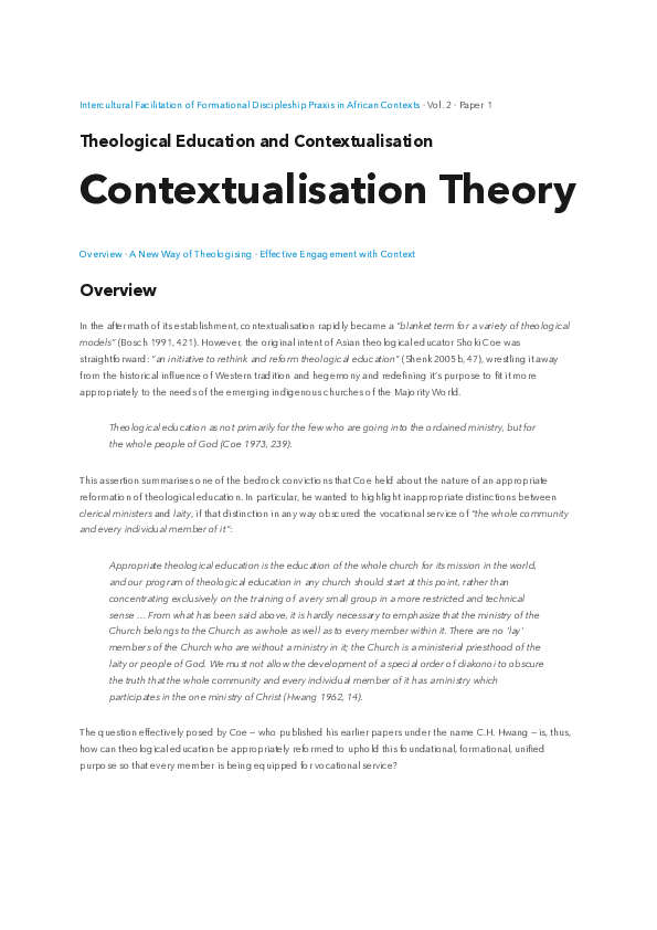 (PDF) Theological Education and Contextualisation · Contextualisation ...